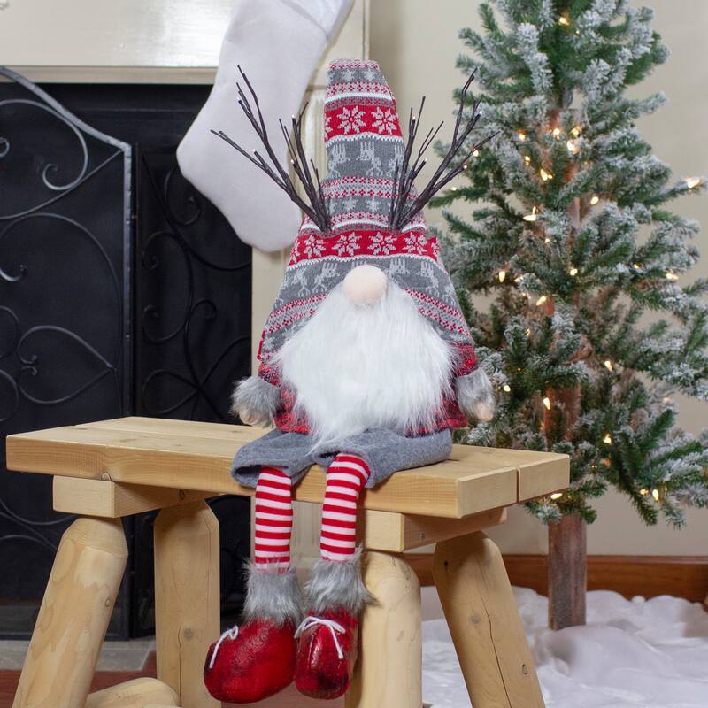 30" Gray and Red Christmas Gnome with LED Antlers and Dangling Legs - On Sale - Overstock - 39173498